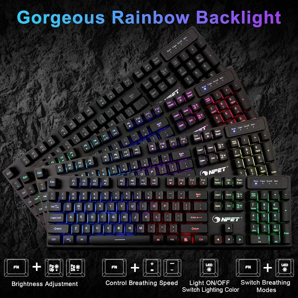 NPET Gaming Keyboard and Headset Bundle, Ultra-Slim Rainbow LED Backlit Keyboard, Stereo Gaming Headset for PS4, PC, Xbox One Controller