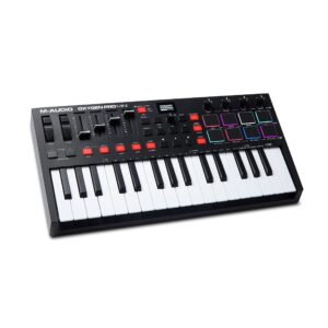 m-audio oxygen pro mini – 32 key usb midi keyboard controller with beat pads, midi assignable knobs, buttons & faders and software suite included