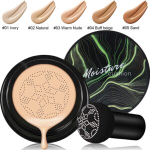 2 PCS Mushroom Head Air Cushion CC Cream Nature Foundation,Foundation Brush Powder Brush,Moisturizing Concealer, Bright Makeup Base Long Lasting with Mushroom Makeup Sponge(#02 Natural)