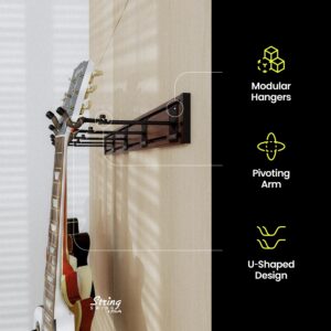 String Swing Guitar Wall Rack, Multiple Guitar Wall Mount, Guitar Organizer for Acoustic & Electric Guitars, 5 Padded Arm Hangers & Black Walnut Slatwall Rail, Wall Mount Guitar Rack - MADE IN USA