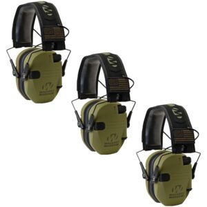 walker's razor slim shooter electronic hunting folding hearing protection earmuffs with 23db nrr and sound amplification, green patriot, 3 pack