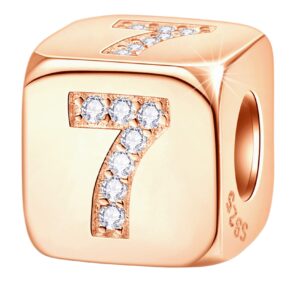 lucky number 7 rose gold dice charm with cz stones, 925 sterling silver cube digit beads fits pandora birthday anniversary bracelet, gifts for family/lover/friends/mom