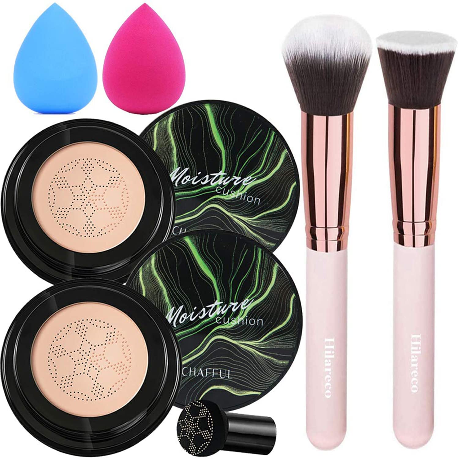 2 PCS Mushroom Head Air Cushion CC Cream Nature Foundation,Foundation Brush Powder Brush,Moisturizing Concealer, Bright Makeup Base Long Lasting with Mushroom Makeup Sponge(#02 Natural)