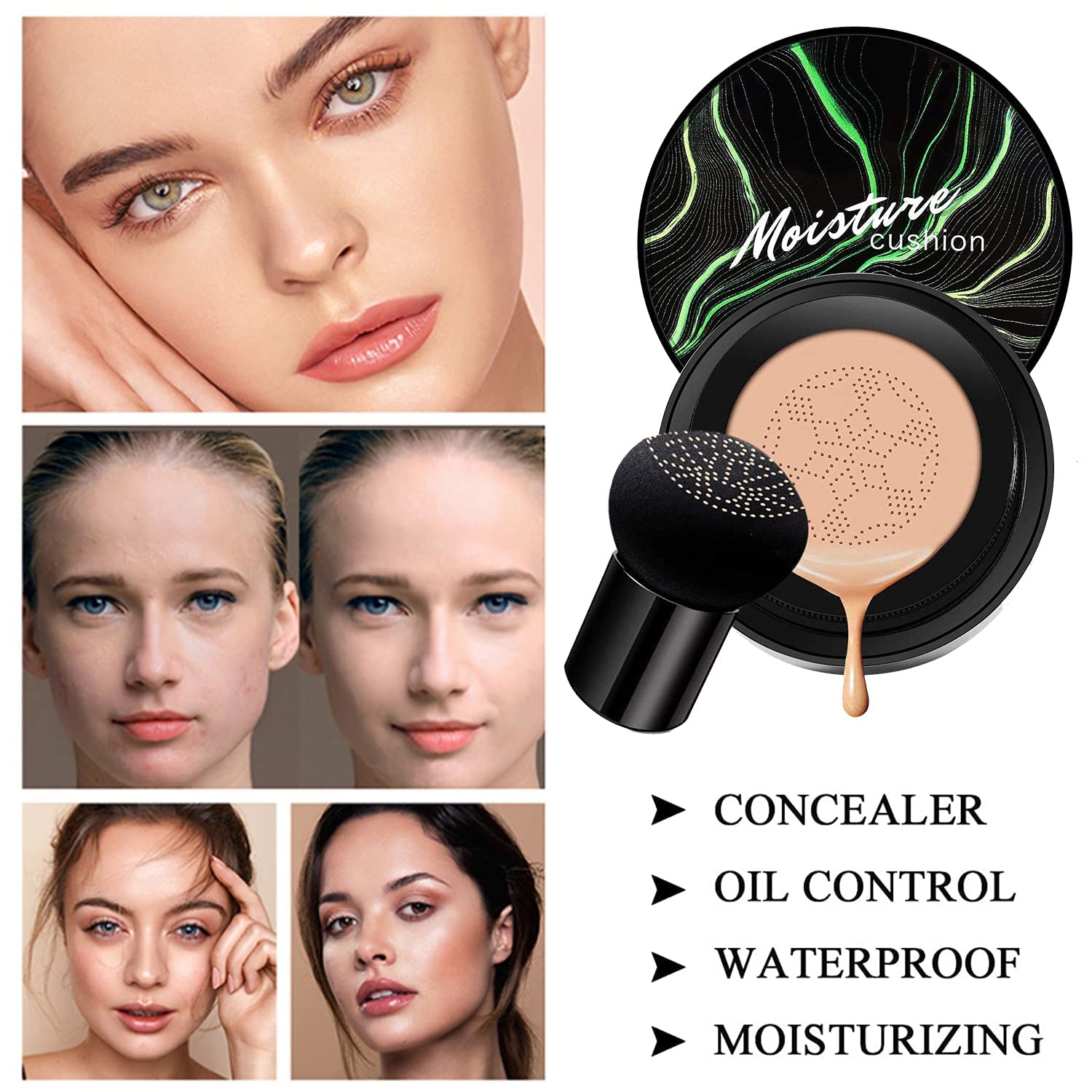 2 PCS Mushroom Head Air Cushion CC Cream Nature Foundation,Foundation Brush Powder Brush,Moisturizing Concealer, Bright Makeup Base Long Lasting with Mushroom Makeup Sponge(#02 Natural)