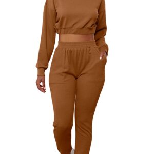 Mizoci Women's 2 Piece Outfits Lounge Jogger sets Long Sleeve Crop Top Pant Sweat Suit Tracksuit,Medium,Coffee