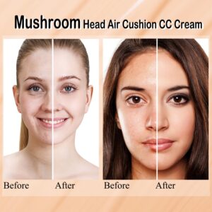 2 PCS Mushroom Head Air Cushion CC Cream Nature Foundation,Foundation Brush Powder Brush,Moisturizing Concealer, Bright Makeup Base Long Lasting with Mushroom Makeup Sponge(#02 Natural)