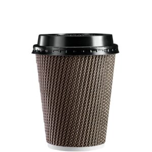 comfy package [12 oz. - 50 sets insulated brown patterned ripple paper hot coffee cups with lids (lids color may vary) - ideal for hot beverages, travel, and office use