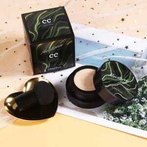 2 PCS Mushroom Head Air Cushion CC Cream Nature Foundation,Foundation Brush Powder Brush,Moisturizing Concealer, Bright Makeup Base Long Lasting with Mushroom Makeup Sponge(#02 Natural)