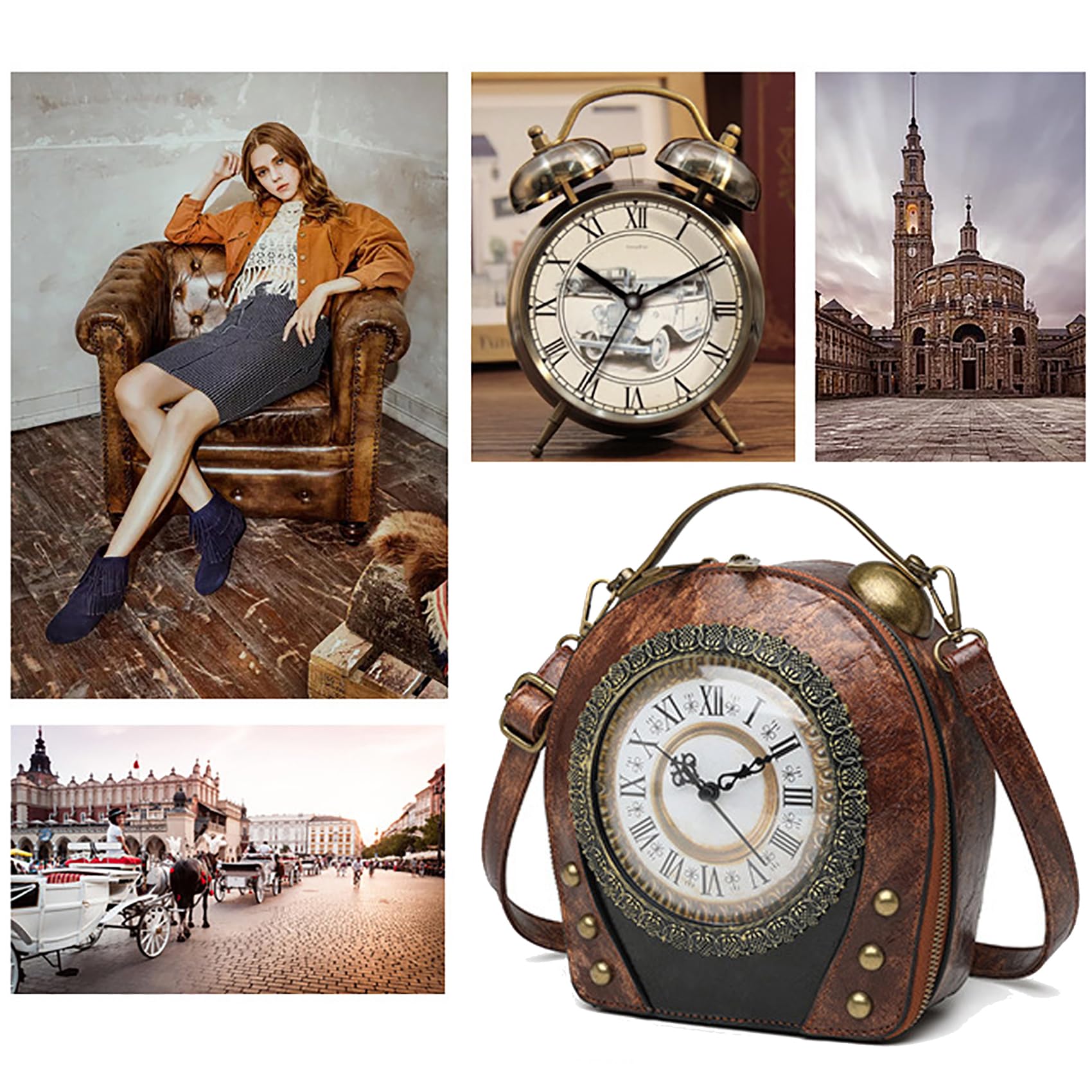 Real Working Clock Handbags Purse Antique Steampunk Shoulder Bag PU Messenger Bag