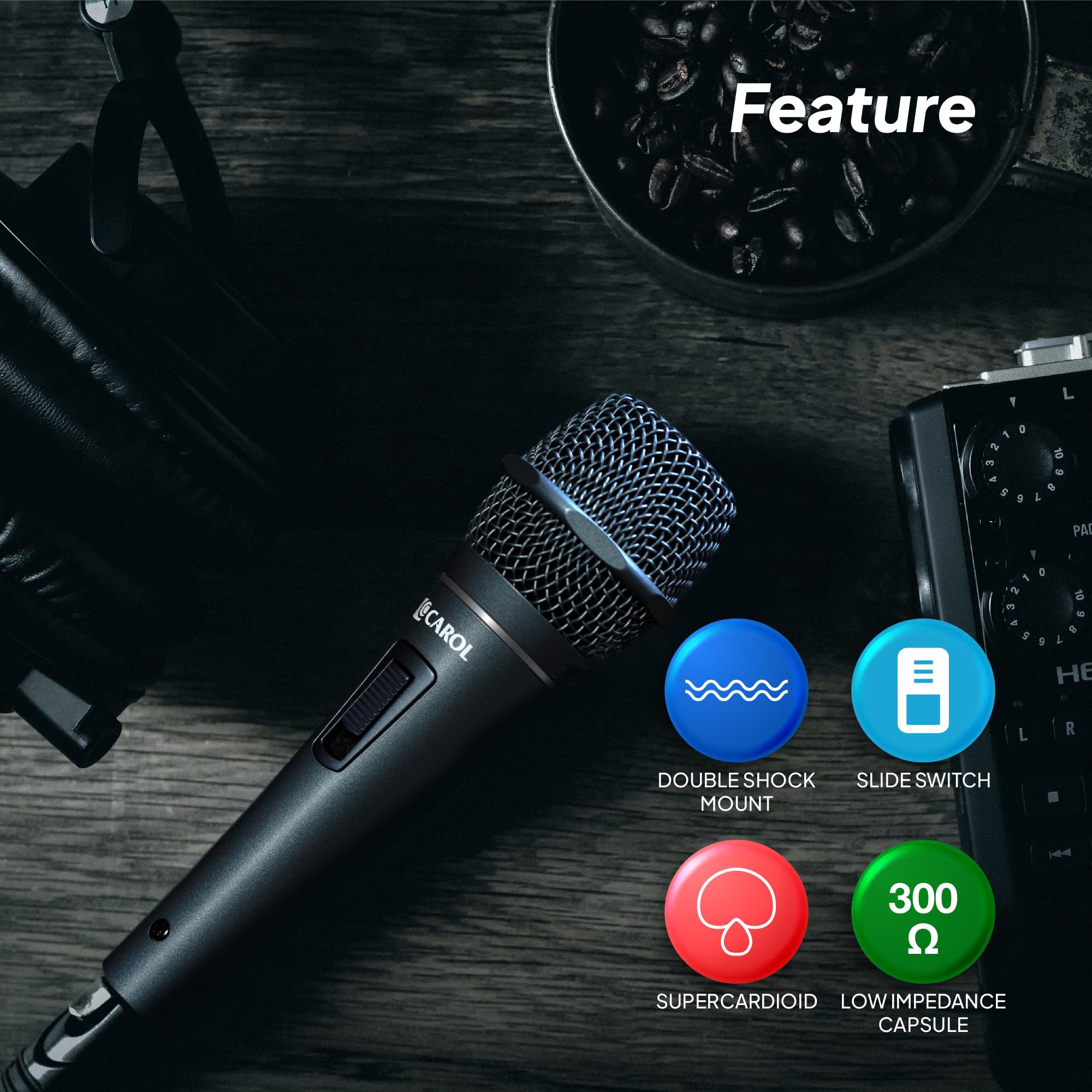 CAROL Dynamic Karaoke Microphone - Wired Microphone for Singing, Handheld Super-Cardioid Karaoke Mic, Microphone w/ 15ft Detachable XLR to 1/4" Cable and Mic Holder - Σ-Plus 3