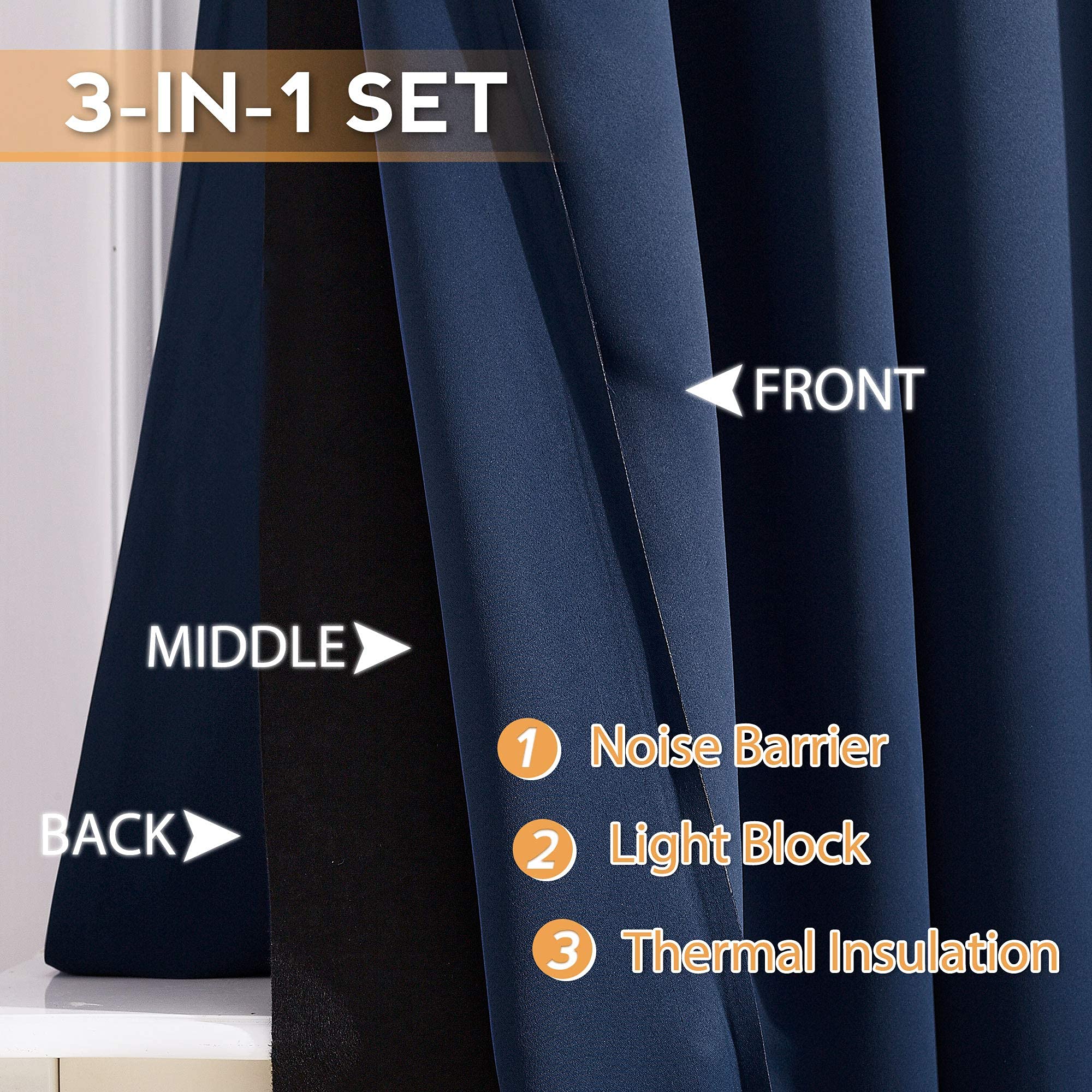 RYB HOME Soundproof Blackout Energy Effeciency 3-in-1 Curtain Set with Notoxic Detachable Liner for Home Office Theater Privacy Seperating Drapes, Navy Blue, W 52 x L 95 inches, 2 Pcs