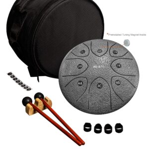 MI&VI Professional Steel Tongue Drum | 8 Inch 8 Note Steel Drum Kit | C Major | High Accuracy Tuning | Percussion Instrument | Handpan Drum | Travel Bag | Best Gift- By MIVI Music(Silver Black)