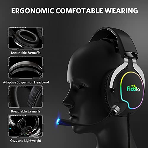 Fiodio Gaming Headset with Surround Sound Stereo for Xbox One PS4 PC Switch Tablet, Noise Cancelling Over Ear Headphones with Mic, LED Light and Soft Memory Earmuffs for Laptop