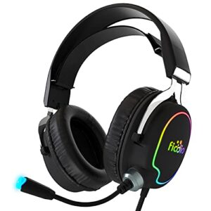 fiodio gaming headset with surround sound stereo for xbox one ps4 pc switch tablet, noise cancelling over ear headphones with mic, led light and soft memory earmuffs for laptop