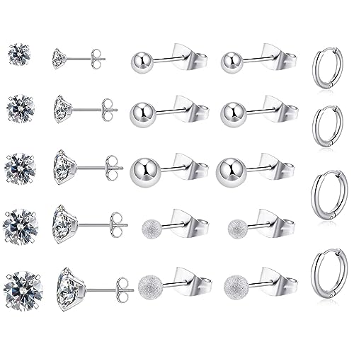 KANOUE 12 Pairs Stainless Steel Small Stud Earrings For Women Multipack,Cubic Zirconia Earrings Set Silver Stud Earrings for women,Hypoallergenic Earrings For Women Hoop Earrings