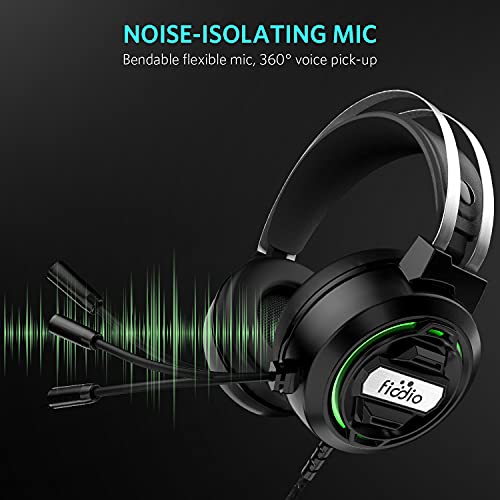 FIODIO Gaming Headset with Surround Sound Stereo for Xbox One PC Switch Tablet, Noise Cancelling Over Ear Headphones with Mic LED Light