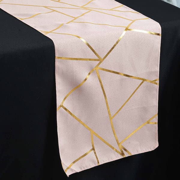 TABLECLOTHSFACTORY 9 Ft Metallic Blush/Gold Foil Geometric Pattern Blush Polyester Table Runner