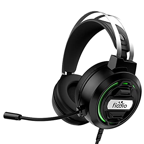 FIODIO Gaming Headset with Surround Sound Stereo for Xbox One PC Switch Tablet, Noise Cancelling Over Ear Headphones with Mic LED Light