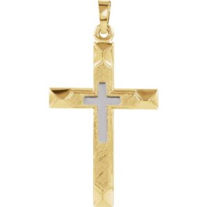 14k white and yellow gold two tone 29x19mm hollow cross crucifix charm pendant (29mm x 19mm)