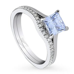 berricle sterling silver solitaire wedding engagement rings 1.2 carat greyish blue princess cut cubic zirconia cz ring set for women, rhodium plated size 4