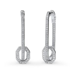 berricle sterling silver rectangle cubic zirconia cz art deco medium fashion inside-out hoop earrings for women, rhodium plated 1.3"