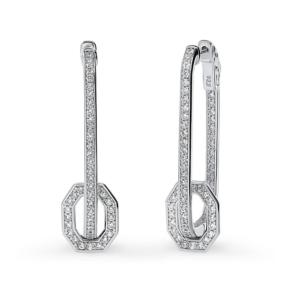 BERRICLE Sterling Silver Rectangle Cubic Zirconia CZ Art Deco Medium Fashion Inside-Out Hoop Earrings for Women, Rhodium Plated 1.3"