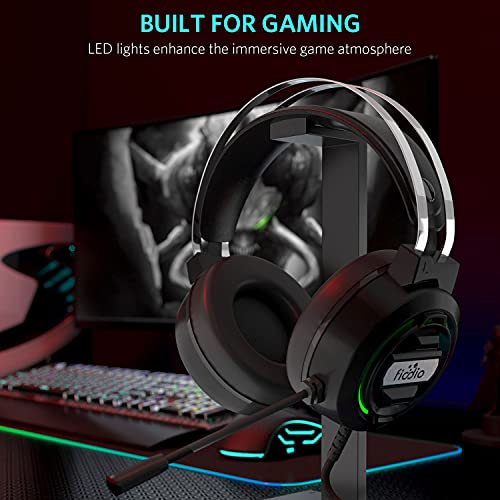 FIODIO Gaming Headset with Surround Sound Stereo for Xbox One PC Switch Tablet, Noise Cancelling Over Ear Headphones with Mic LED Light