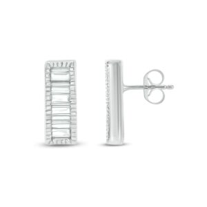 cali trove, 1/10cttw baguette bar stud earrings for women in 14k white gold, women?s bar earrings with white baguette diamonds in white gold, mini bar-shape stud earrings with diamonds and milgrain