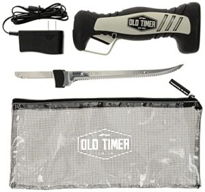 old timer cordless electric fillet knife with 8in fully serrated stainless-steel blade, trigger lock, rechargeable battery, and self draining case for fishing, meat carving, filleting, and outdoors