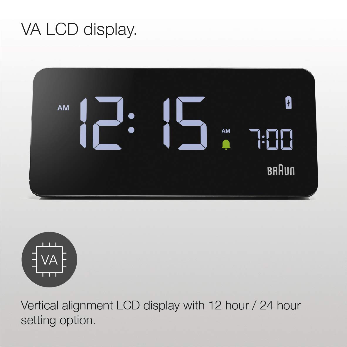 Braun Digital Alarm Clock with VA LCD Display, 10W Qi Wireless Fast-Charging Pad, Automatic Backlight Adjustment, Quick Set, Beep Alarm in Black, Model BC21B.