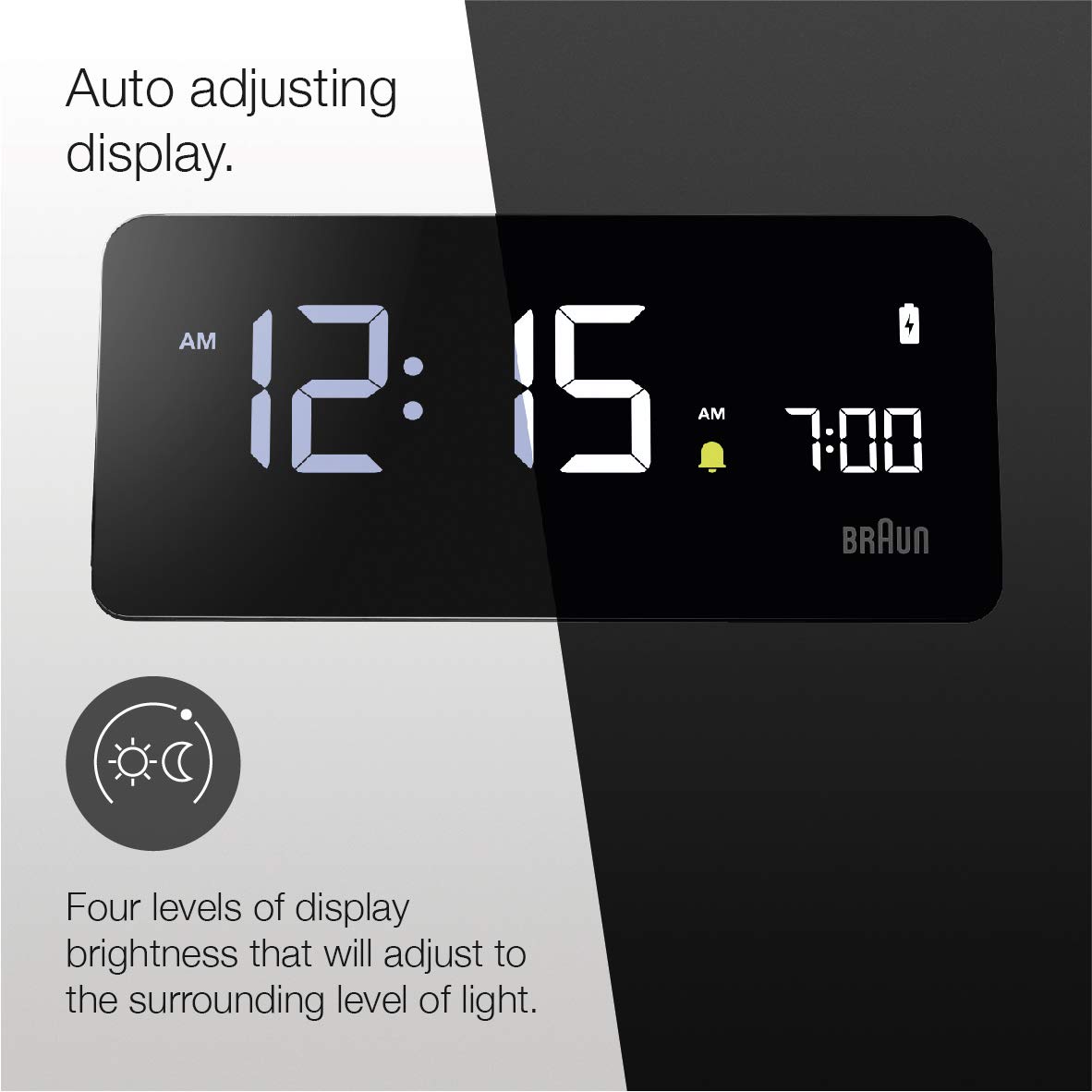 Braun Digital Alarm Clock with VA LCD Display, 10W Qi Wireless Fast-Charging Pad, Automatic Backlight Adjustment, Quick Set, Beep Alarm in Black, Model BC21B.