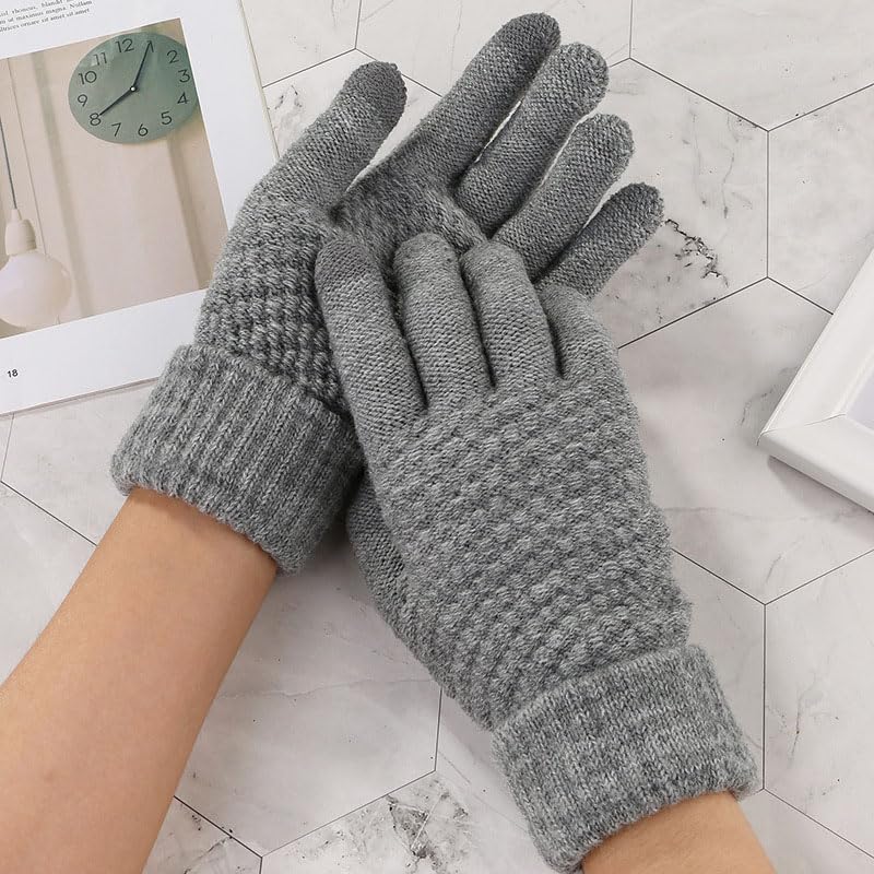 Eseres Grey Gloves Knitted Warm Gloves for Men Women Unisex Touch Screen Fleece Lined Stretchy Mittens Men-Grey