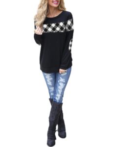 blooming jelly women's color block plaid shirt crewneck sweatshirt elbow patches pullover sweatshirt top (large, black white plaid)