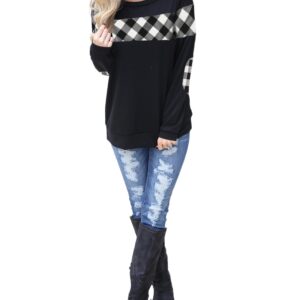 Blooming Jelly Women's Color Block Plaid Shirt Crewneck Sweatshirt Elbow Patches Pullover Sweatshirt Top (Large, Black White Plaid)