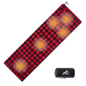 mantuole heated sleeping bag pad, heated sleeping bag liner, 5 heating zones, operated by battery power bank or other usb power supply, compact bag included. black & red flannel.