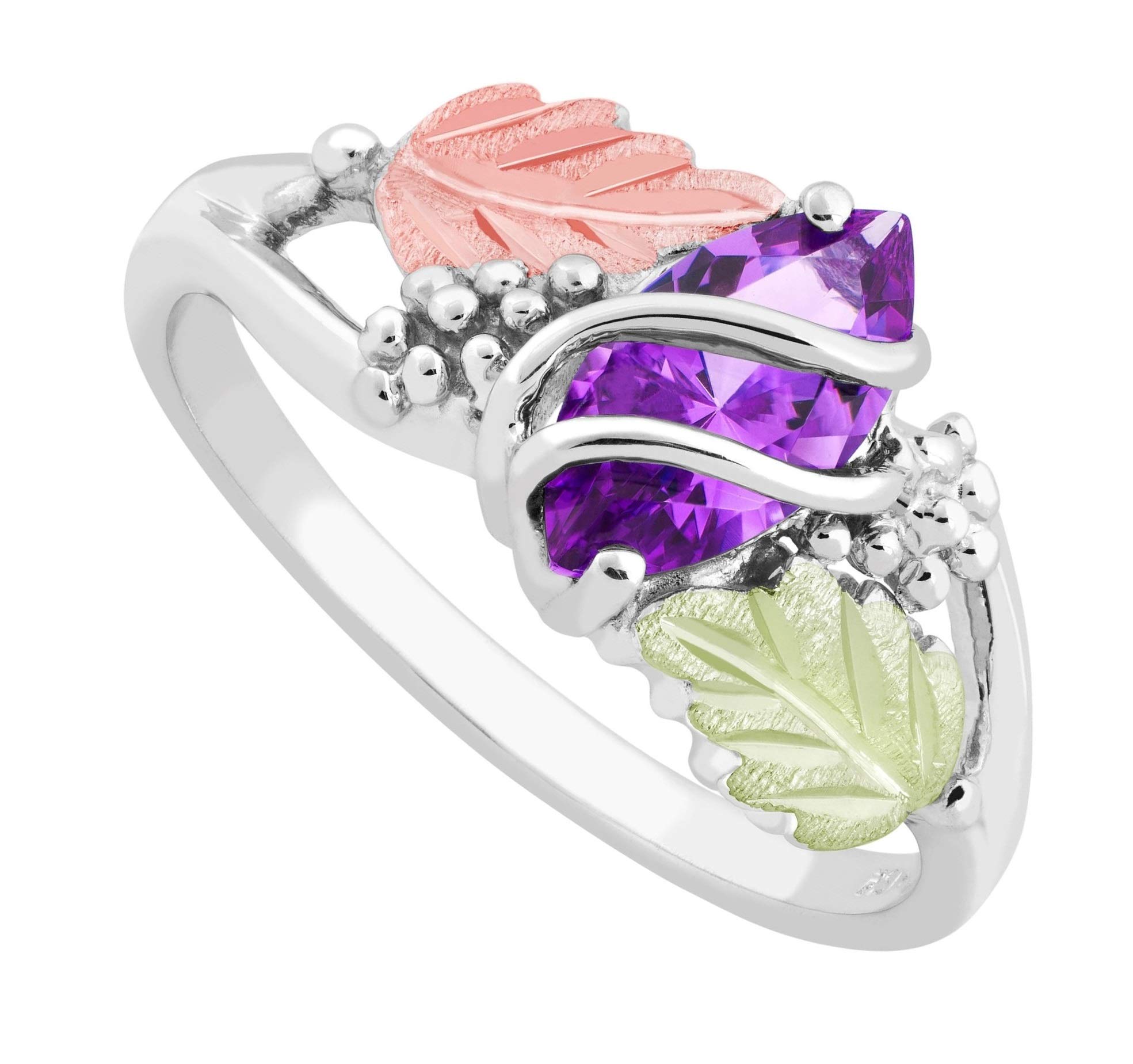 Marquise Amethyst Double Wrap Ring, Sterling Silver, 12k Green and Rose Black Hills Gold Size 5