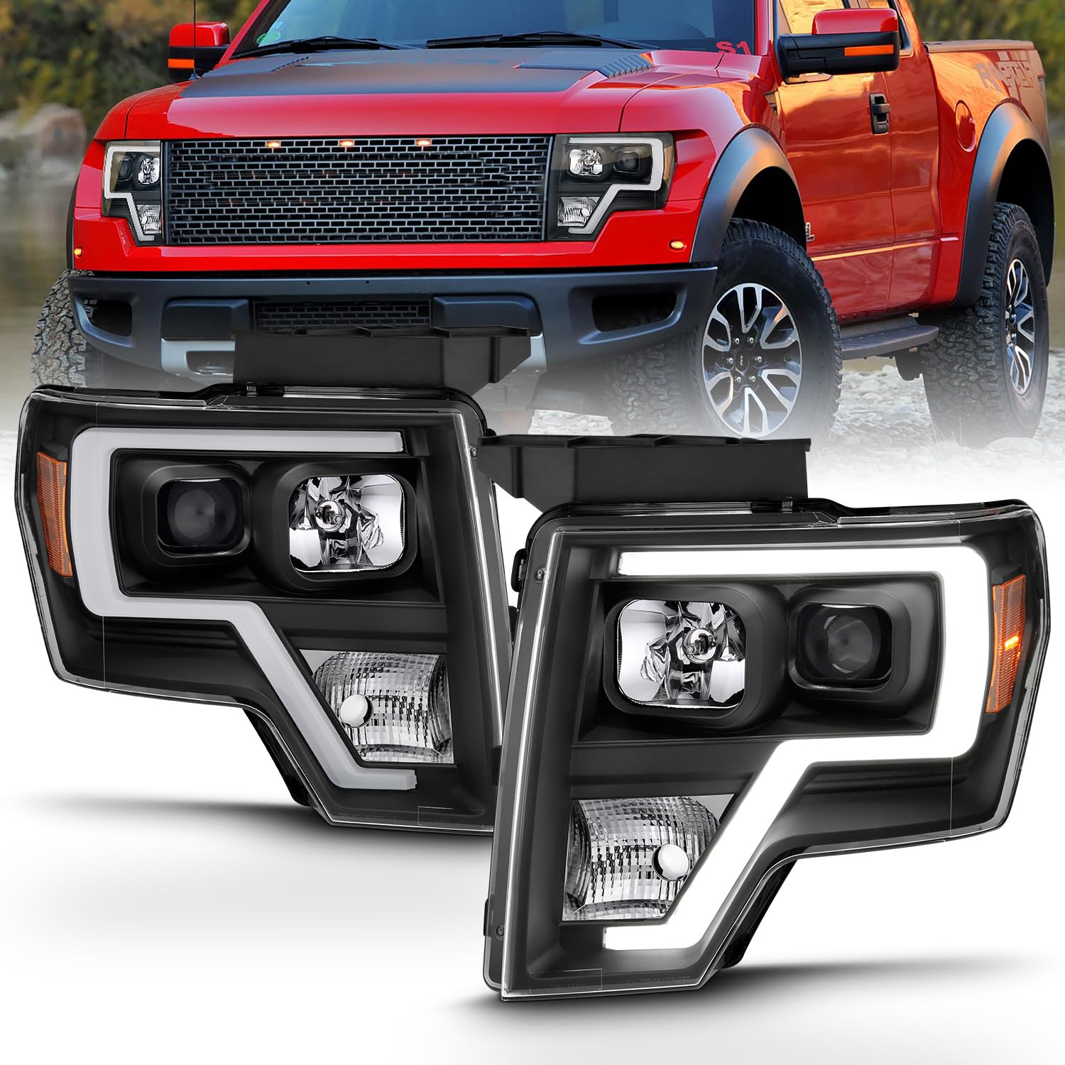 AmeriLite Square Projector Halogen Headlights Pair LED Bar Set For 2009-2014 Ford F150 High/Low Beam Bulb Included - Driver and Passenger Side, Vehicle Light Assembly, Black