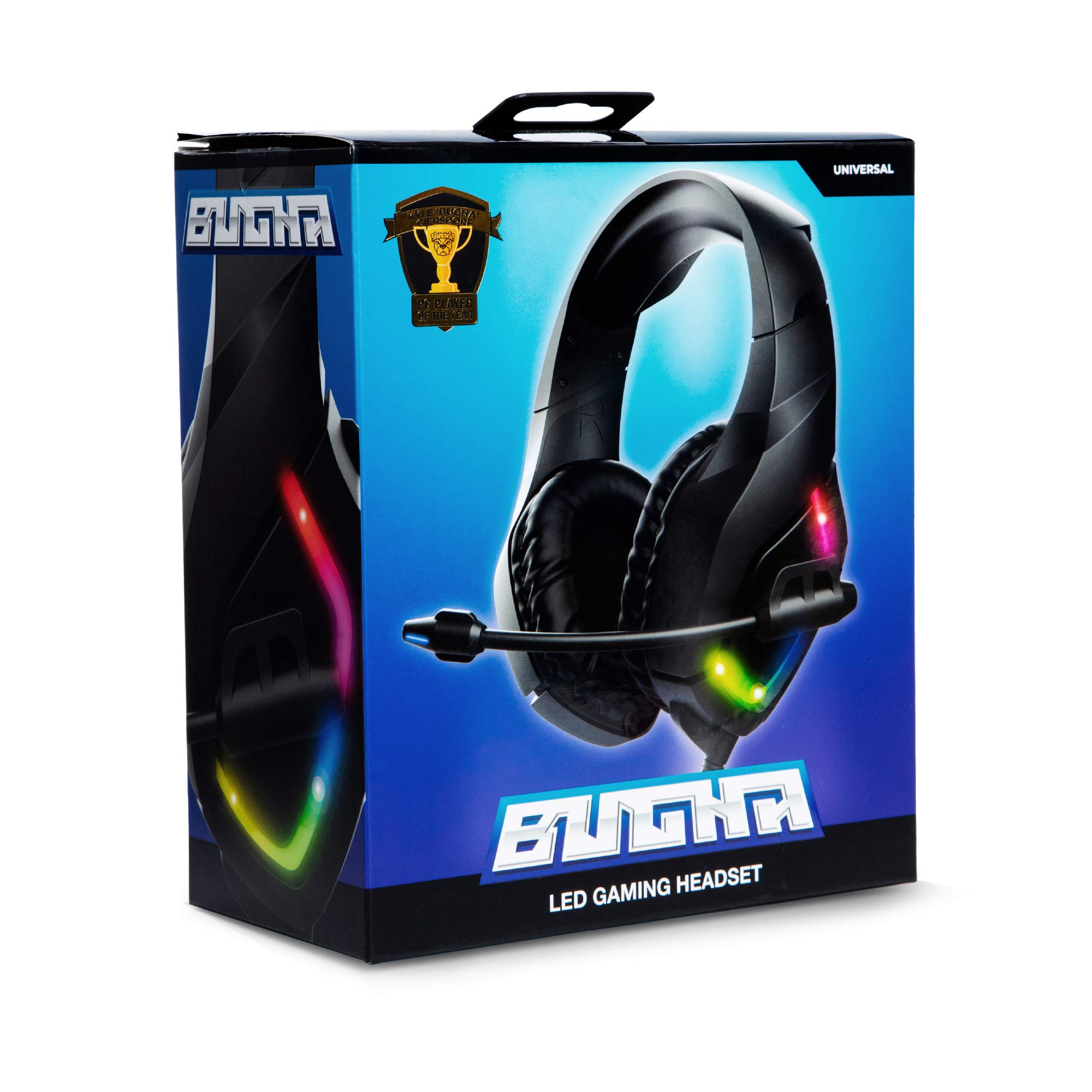 five below Bugha Exclusive LED Gaming Headset w/Boom mic, 3.5mm aux-in + PC Connector, Black