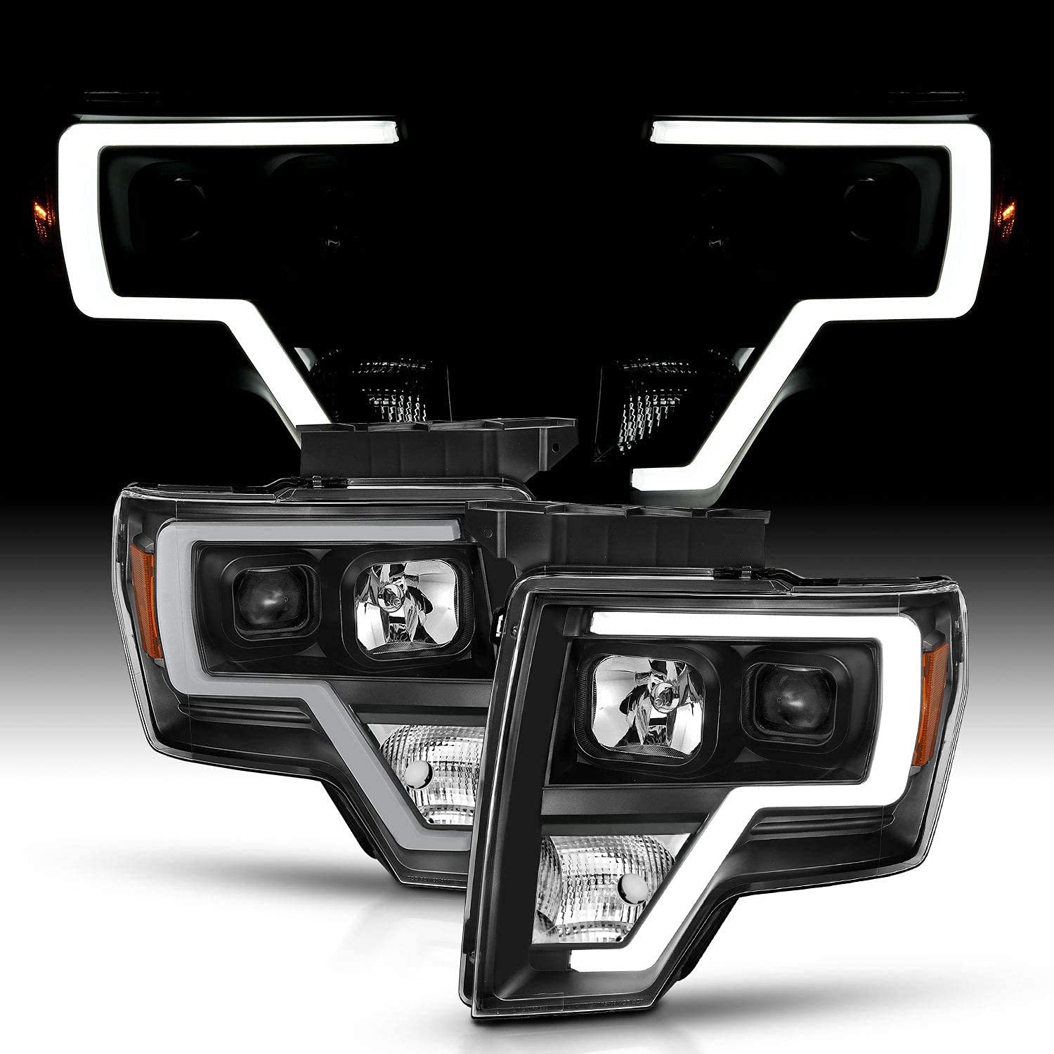 AmeriLite Square Projector Halogen Headlights Pair LED Bar Set For 2009-2014 Ford F150 High/Low Beam Bulb Included - Driver and Passenger Side, Vehicle Light Assembly, Black