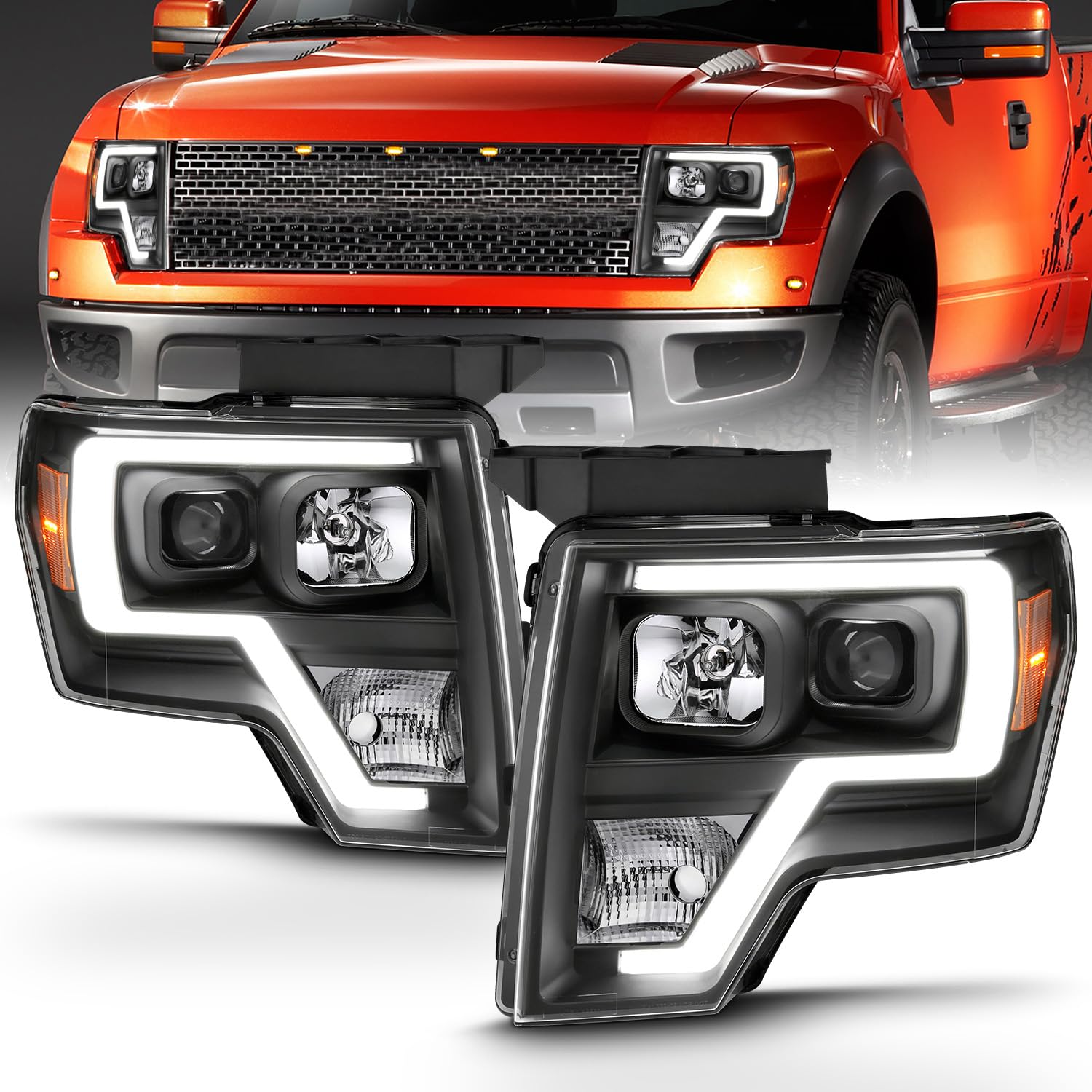 AmeriLite Square Projector Halogen Headlights Pair LED Bar Set For 2009-2014 Ford F150 High/Low Beam Bulb Included - Driver and Passenger Side, Vehicle Light Assembly, Black