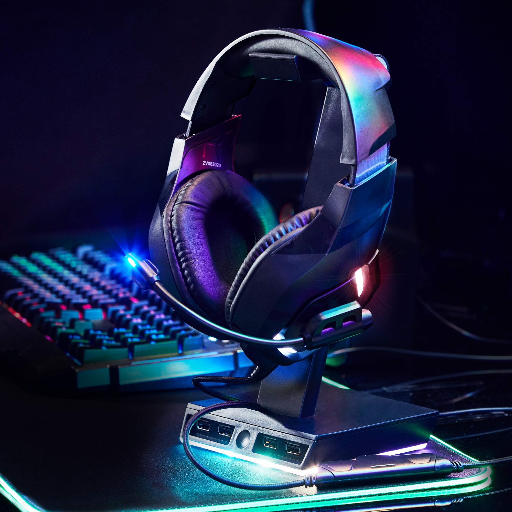 five below Bugha Exclusive LED Gaming Headset w/Boom mic, 3.5mm aux-in + PC Connector, Black