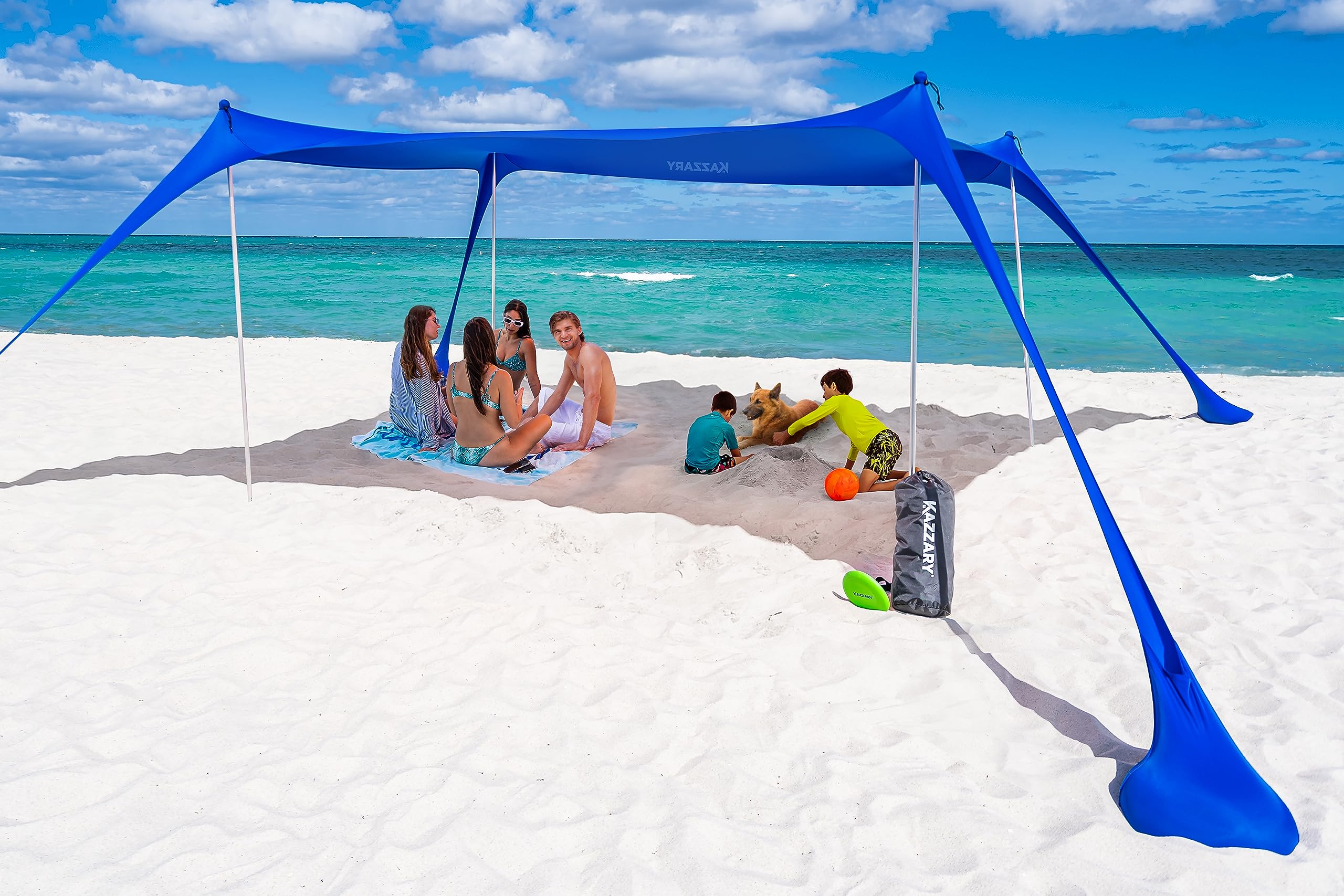 KAZZARY Beach Tent Sun Shelter, XL 7ft Tall 10x10, UPF50+ Lightweight Outdoor Beach Shade Canopy. Easy Setup Beach Canopy Tent Sun Shade, 4 Stability Poles, Ground Pegs and Flying Disc Sand Shovel