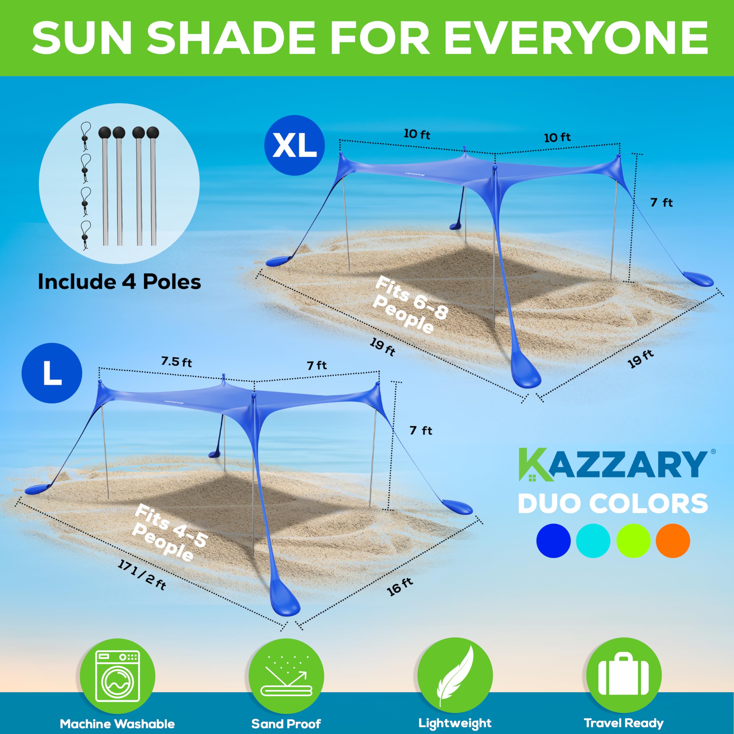 KAZZARY Beach Tent Sun Shelter, XL 7ft Tall 10x10, UPF50+ Lightweight Outdoor Beach Shade Canopy. Easy Setup Beach Canopy Tent Sun Shade, 4 Stability Poles, Ground Pegs and Flying Disc Sand Shovel