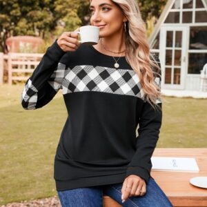 Blooming Jelly Women's Color Block Plaid Shirt Crewneck Sweatshirt Elbow Patches Pullover Sweatshirt Top (Large, Black White Plaid)