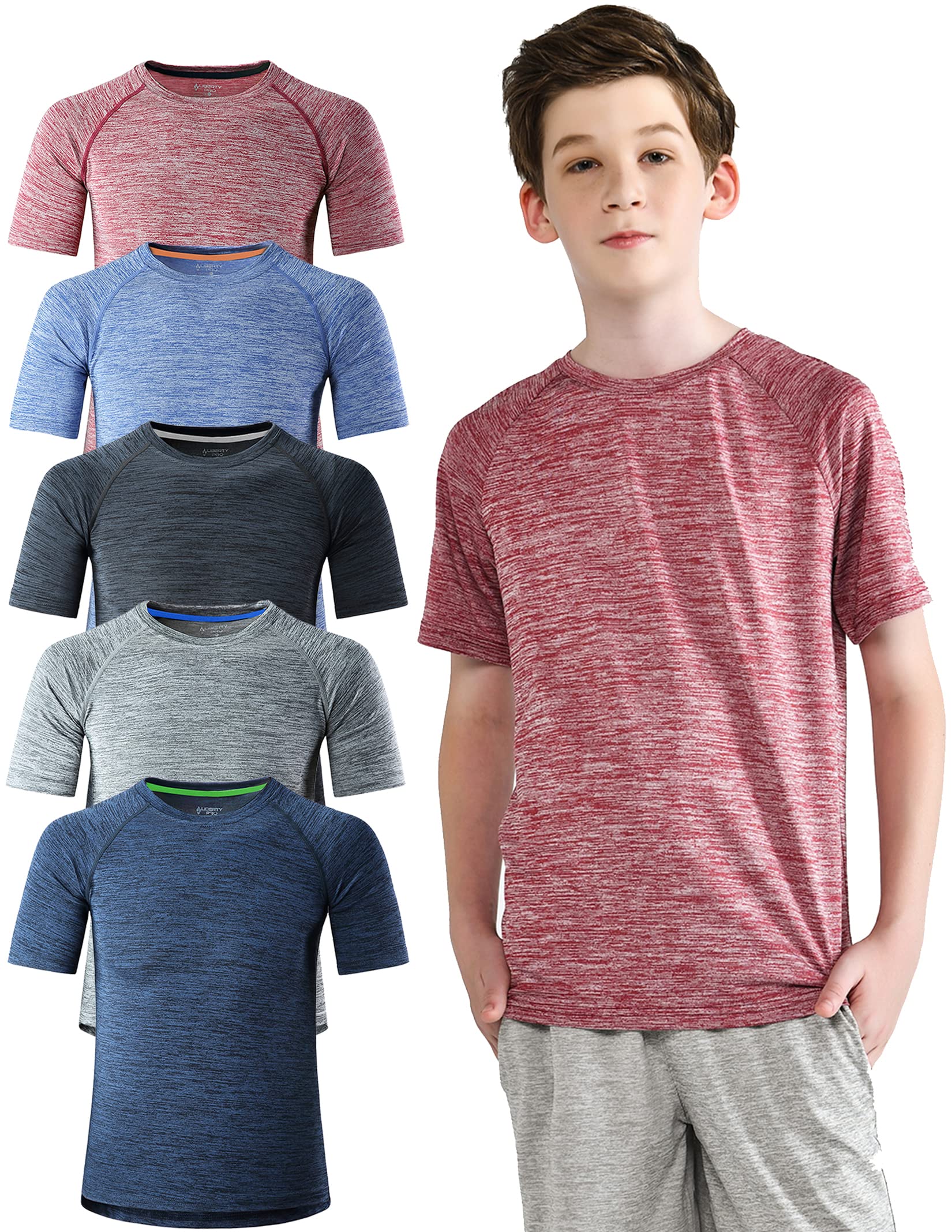 5 Pack Boys Athletic Shirts, Youth Activewear Dry Fit Tshirts for Kids, Short Sleeve Tees, Bulk Athletic Performance Clothing (Set 1, Large)