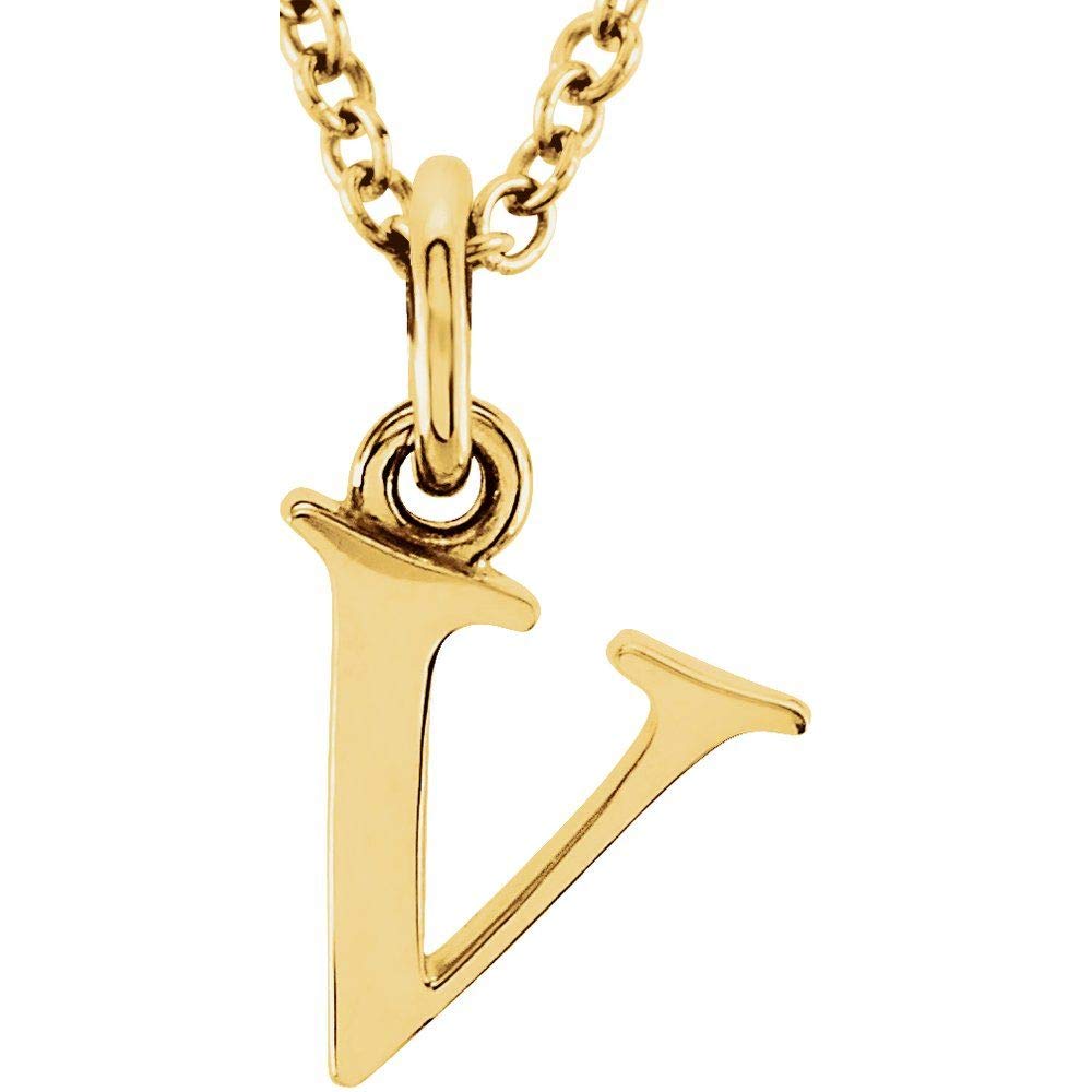 Solid 14k Yellow Gold Lowercase Alphabet Initial Letter v Charm Pendant Chain Necklace 16" (9.6mm x 5.6mm)