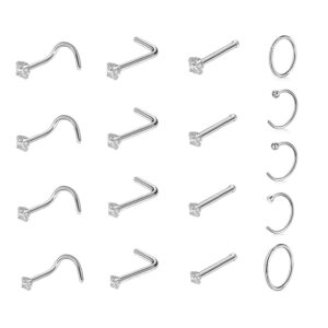 luckyamor 20g nose rings stainless steel silver with cz studs cartilage body piercing jewelry (17pcs-mix-silver)