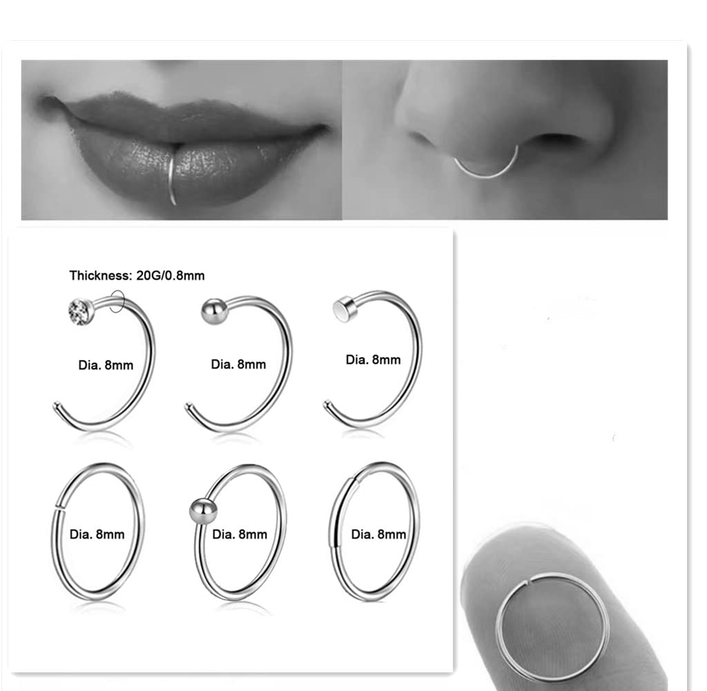 LuckyAmor 20G Nose Rings Stainless Steel Silver with CZ Studs Cartilage Body Piercing Jewelry (17PCS-MIX-Silver)