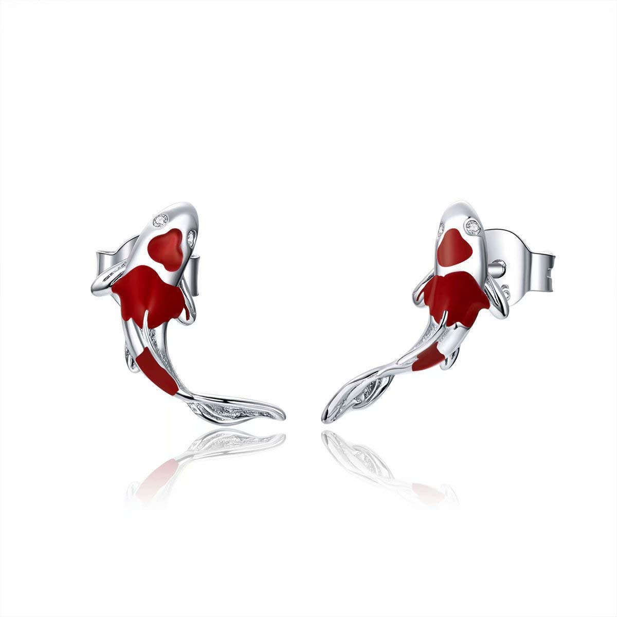 Qings Koi Fish Red Carp Stud Earrings for Women Exquisite 925 Sterling Silver Platinum Plated Inlaid with Shining Zircon