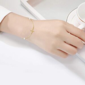 SISGEM 14k Gold Cross Bracelet for Women, Real Pearl Religious Bracelet, Confirmation Gifts for Her, 6.3"+1"+1"